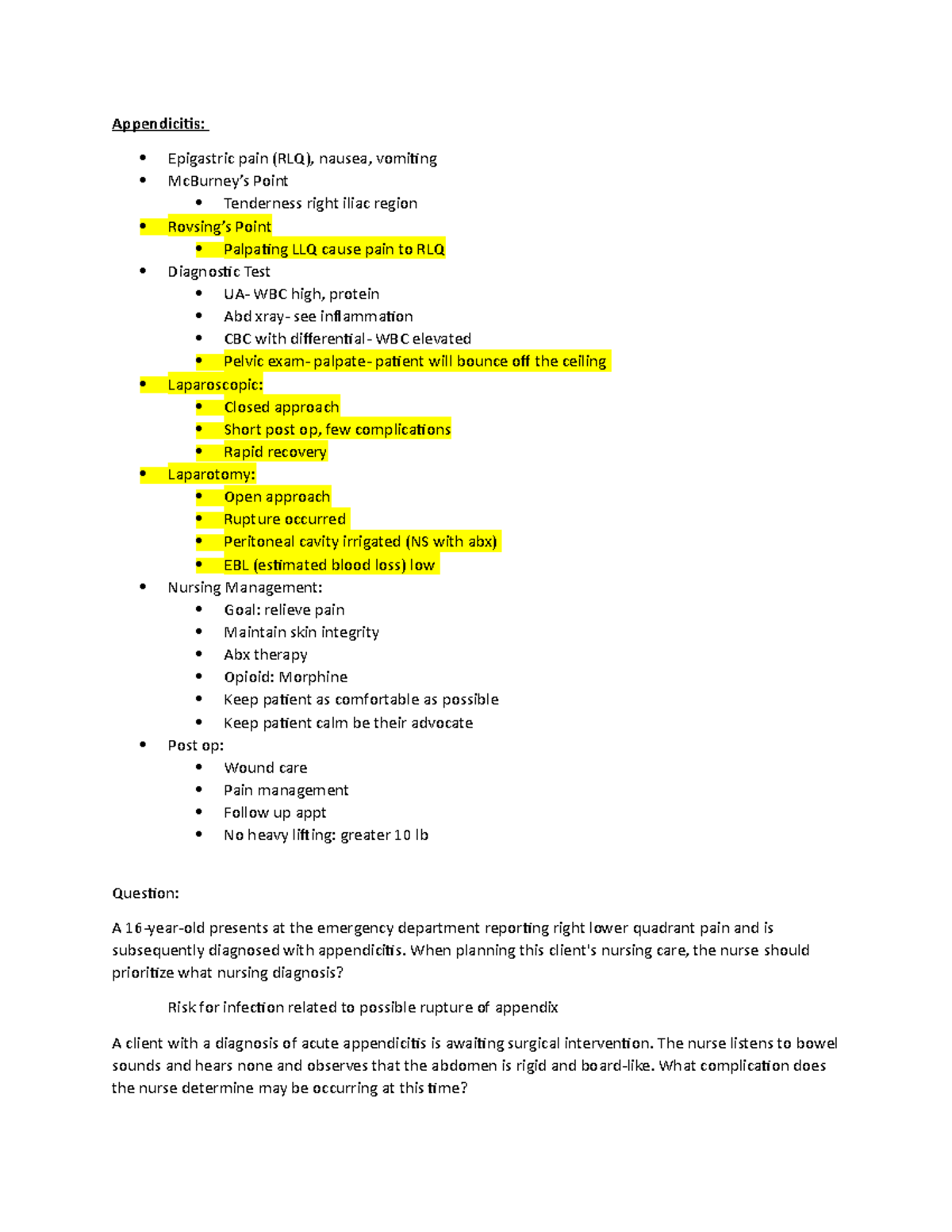 Appendix TEST - study for final exam - Appendicitis: Epigastric pain ...