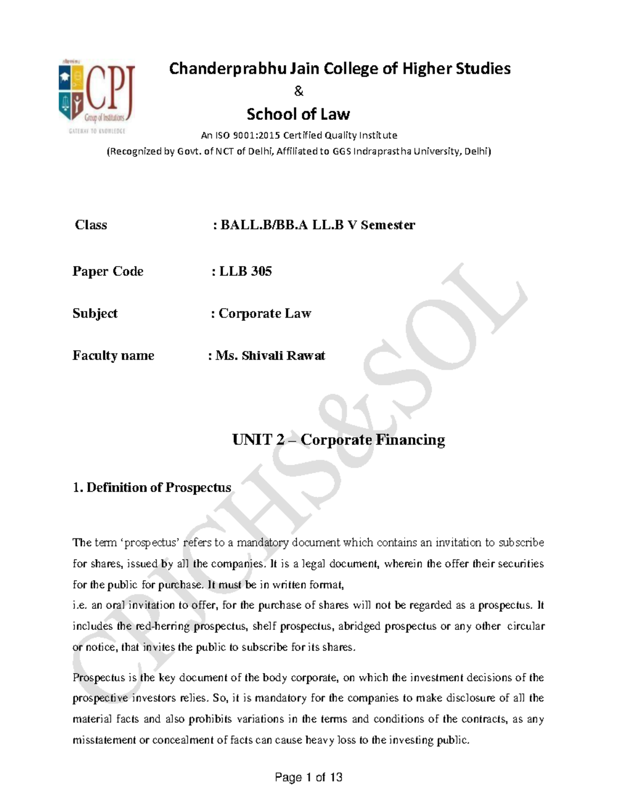 E-Notes Corporate Law Unit 2 - & School of Law An ISO 9001:2015 ...