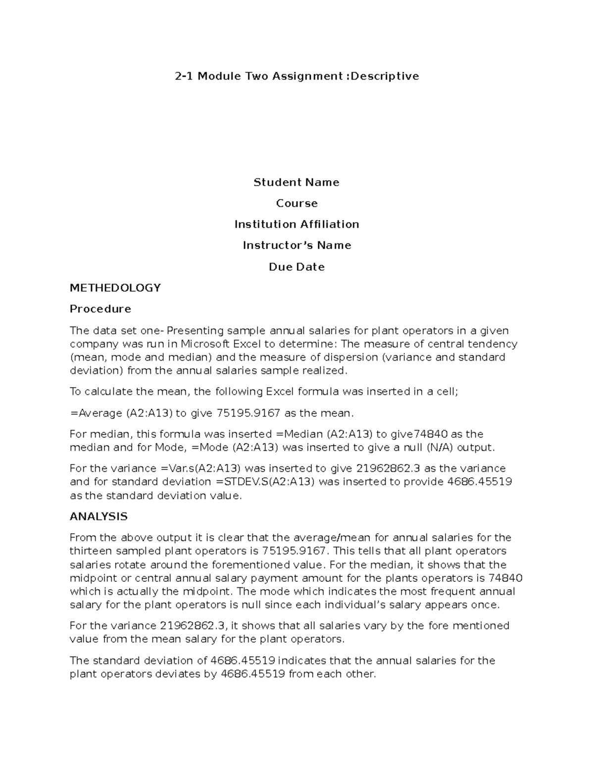 2-1 Module Two Descriptive - 2-1 Module Two Assignment :Descriptive ...