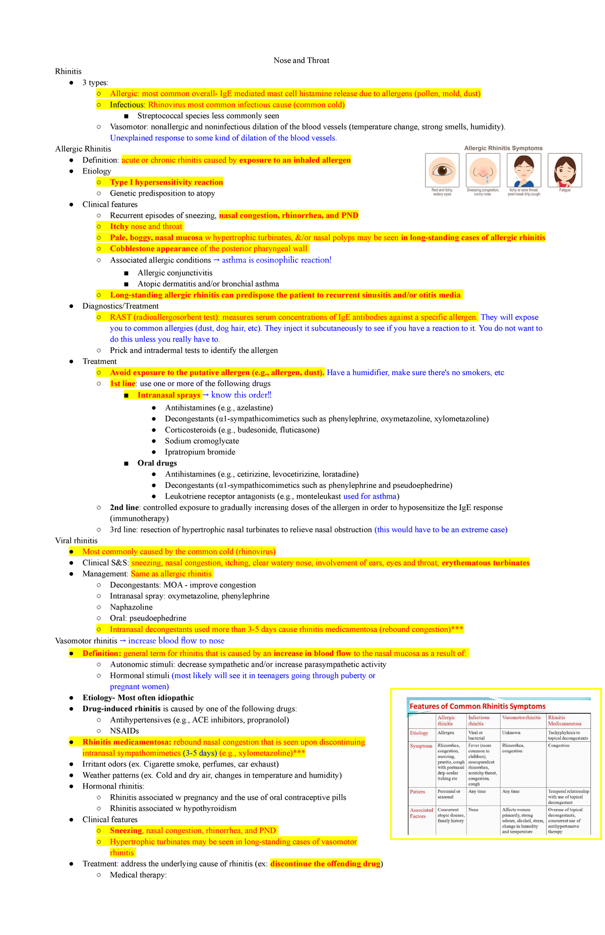 Peds Final Review - Nose and Throat Rhinitis 3 types: Allergic: most ...