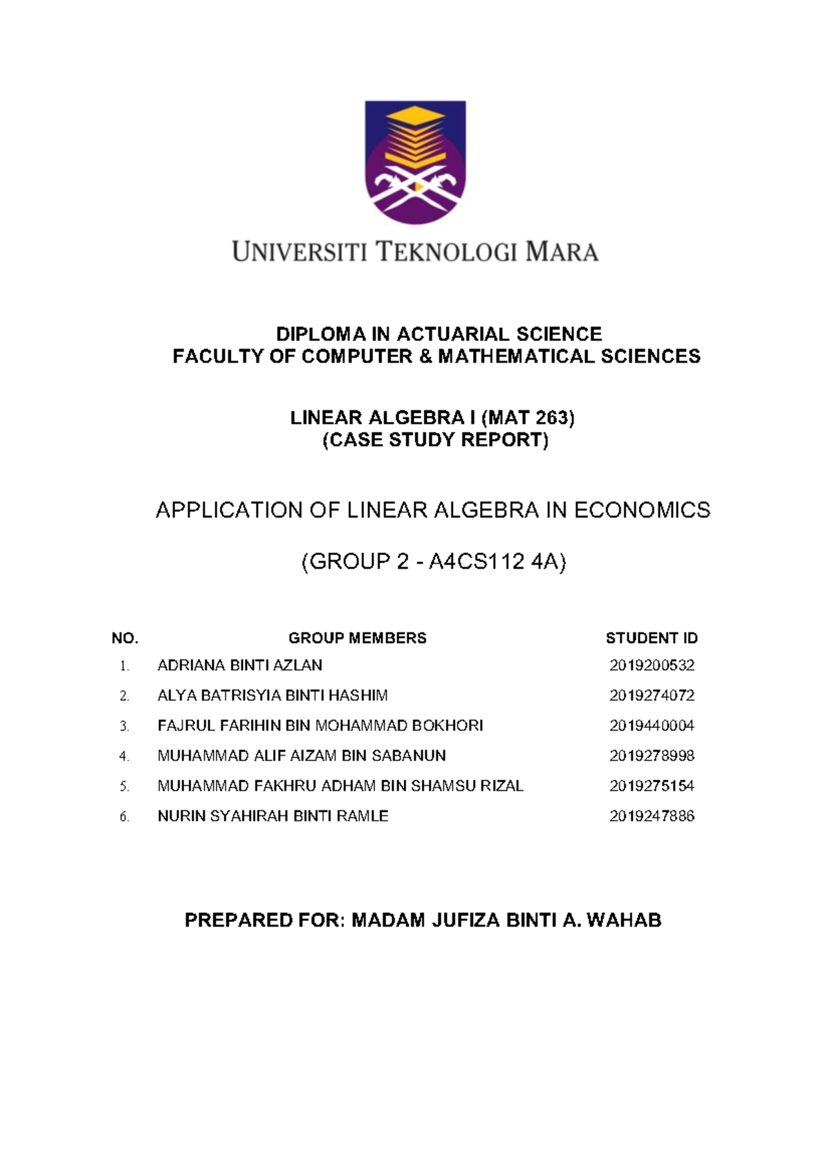 Group 2 - CS112 4A CASE Study Report - Actuarial Science - UiTM - Studocu