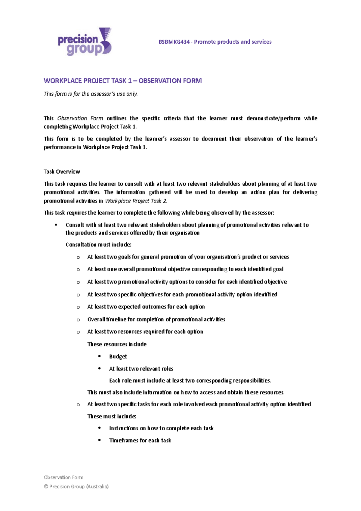 Bsbmkg 434 Workplace Project Task 1 Observation Form v1 - BSBMKG434 ...