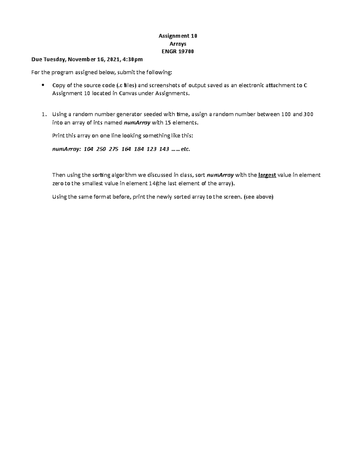 Assignment 10 fa21 - Assignment 10 Arrays ENGR 19700 Due Tuesday ...