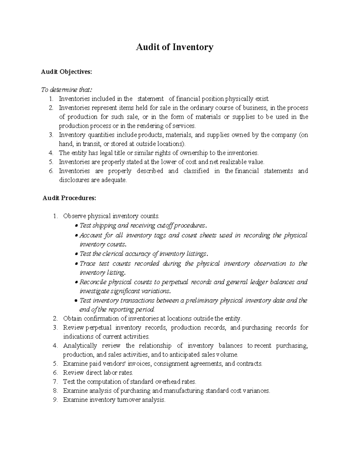 524665616 Audit of Inventory - Audit of Inventory Audit Objectives: To ...