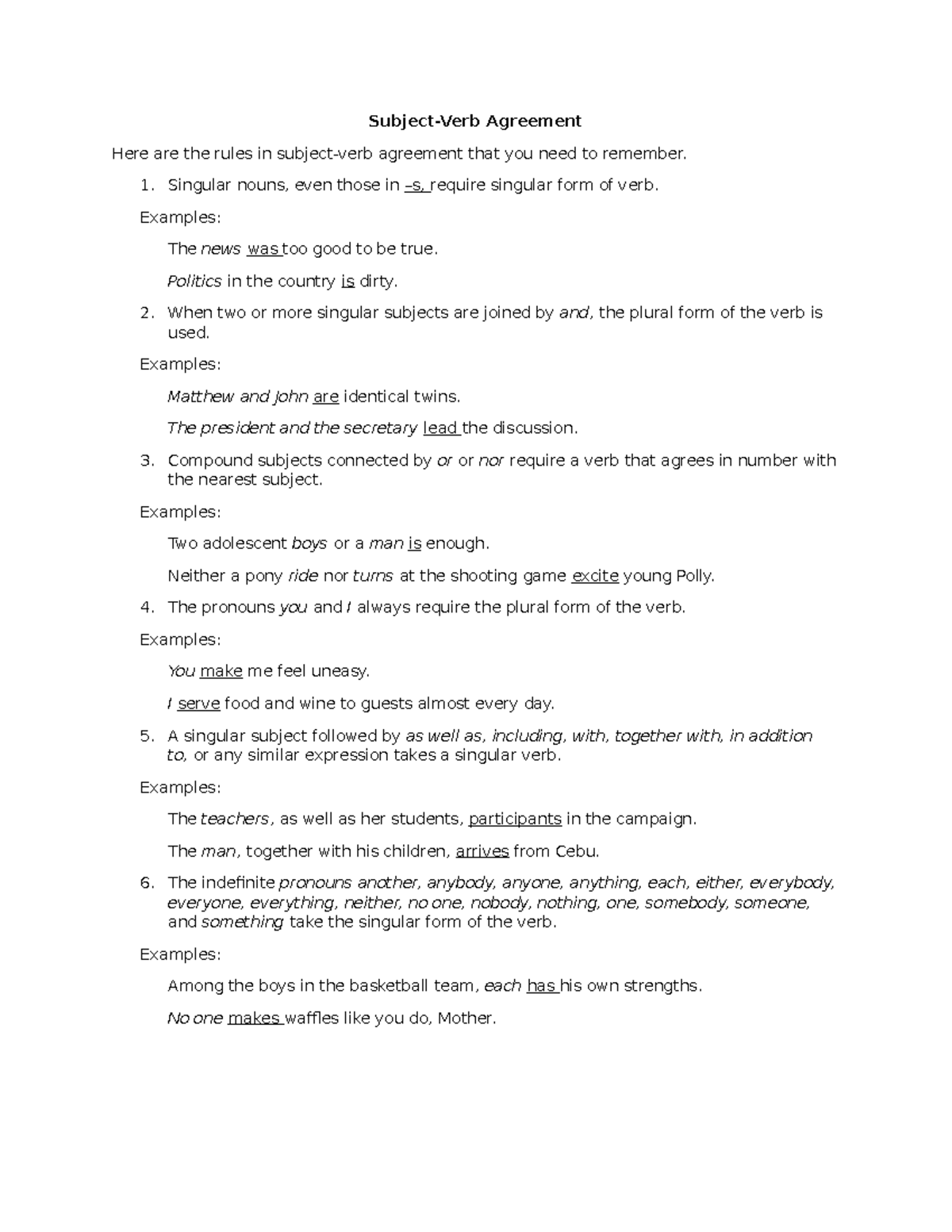 Rules- SV - Subject-Verb Agreement Here are the rules in subject-verb ...