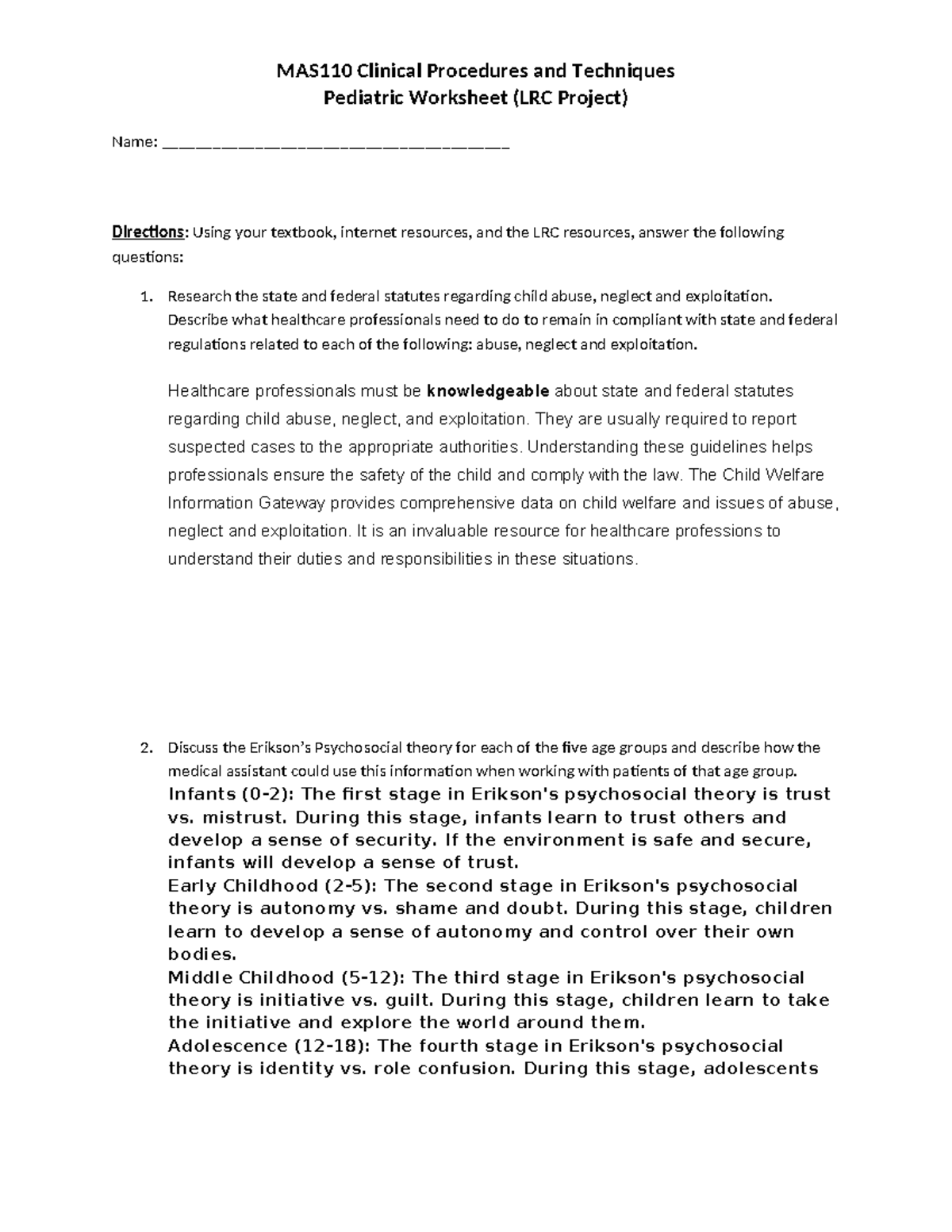 MAS110 Week 5 Pediatric Worksheet - MAS110 Clinical Procedures and ...