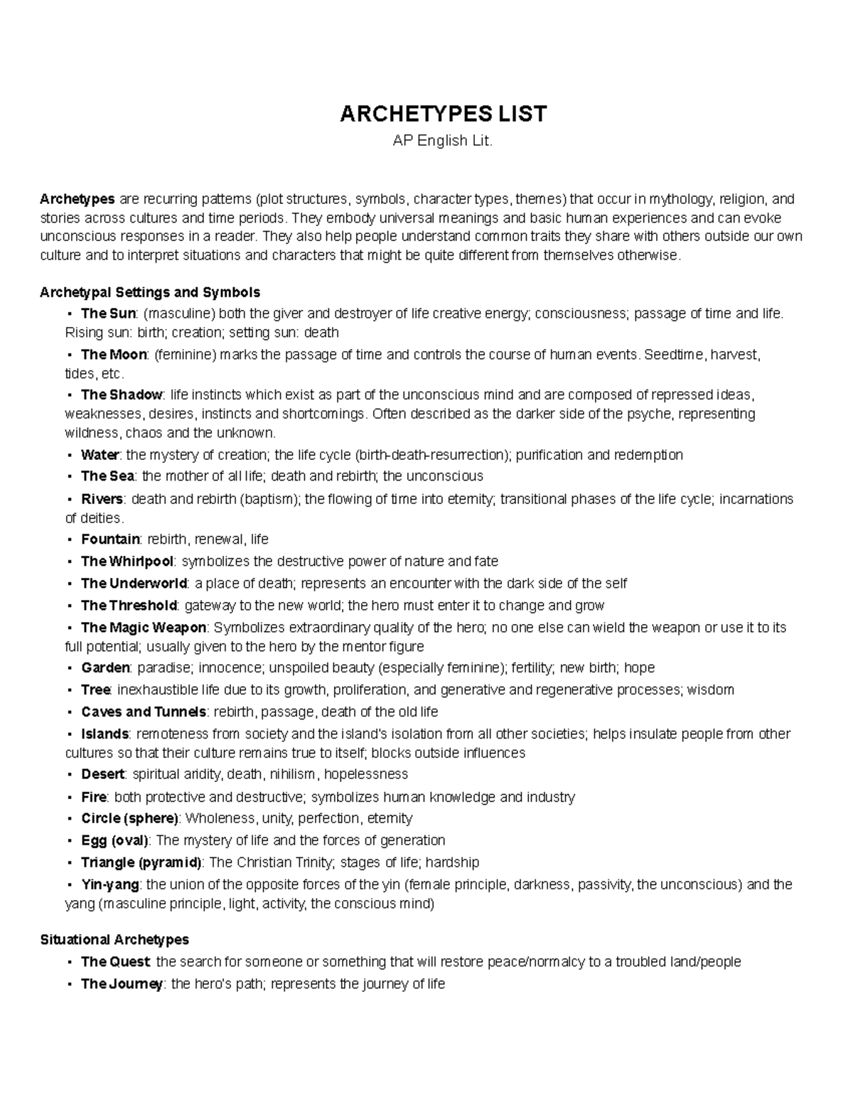 Archetypes - Notes Handout - ARCHETYPES LIST AP English Lit. Archetypes ...