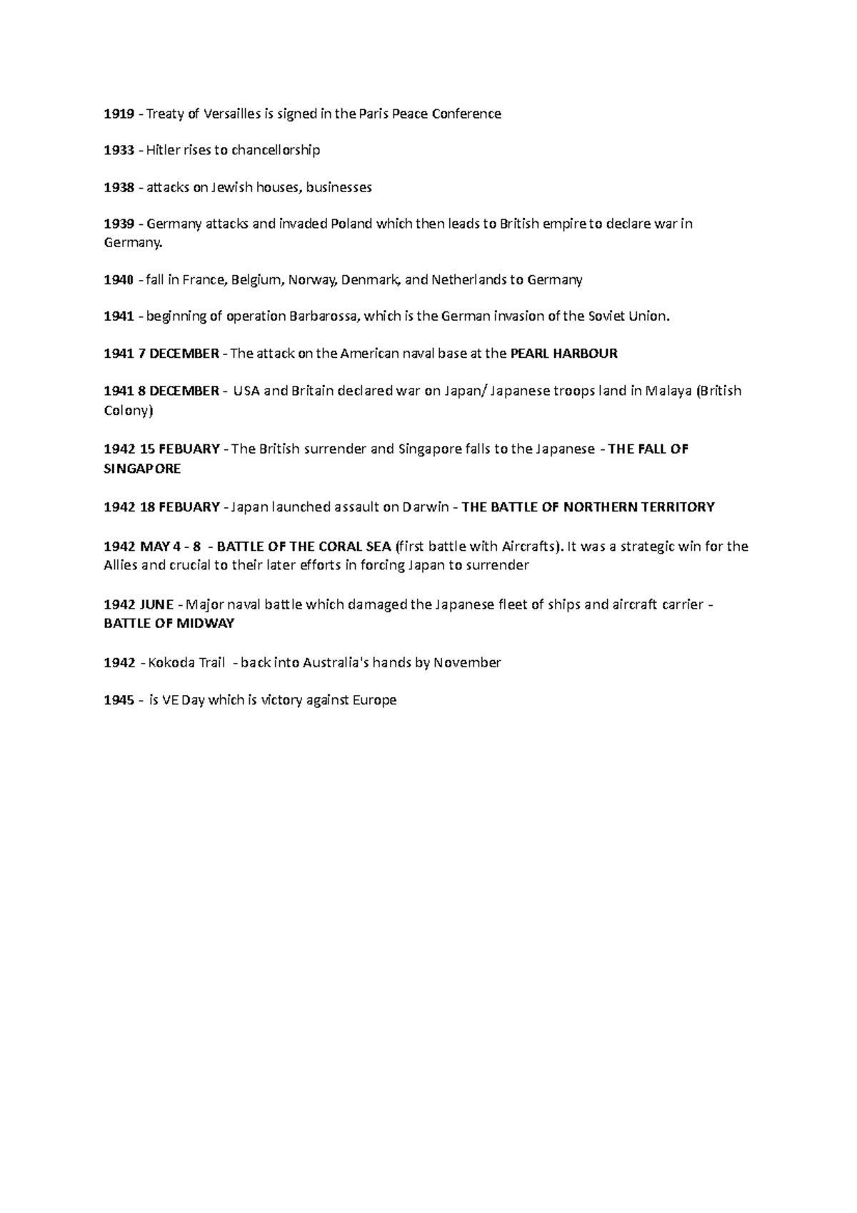 Chrnology Dates WW2 - Helps - 1919 - Treaty of Versailles is signed in ...