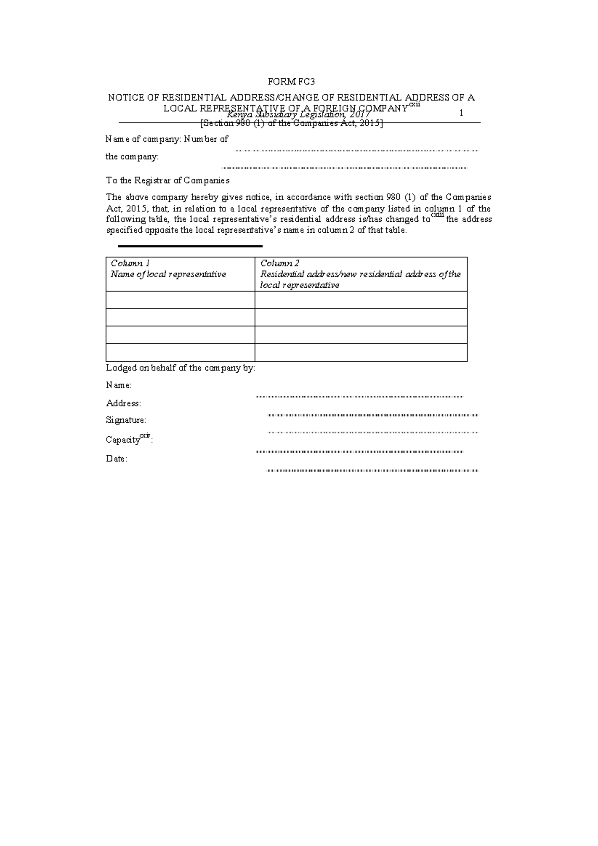 FC3 - 1 Kenya Subsidiary Legislation, 2017 FORM FC NOTICE OF ...