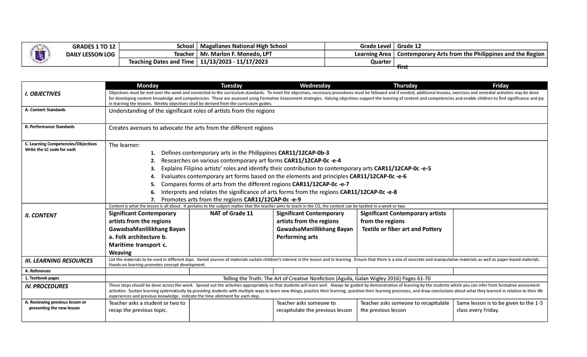 Dll for contemporary philippine arts from the region - GRADES 1 TO 12 ...