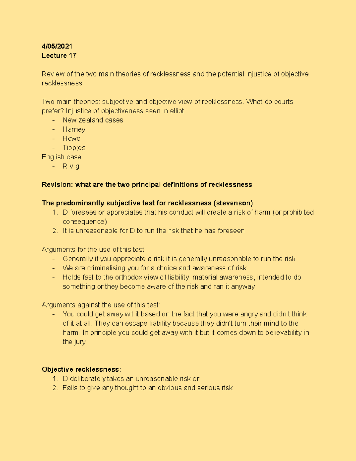 LAWS214-Lecture 17 - objective recklessness - 4/05/ Lecture 17 Review ...