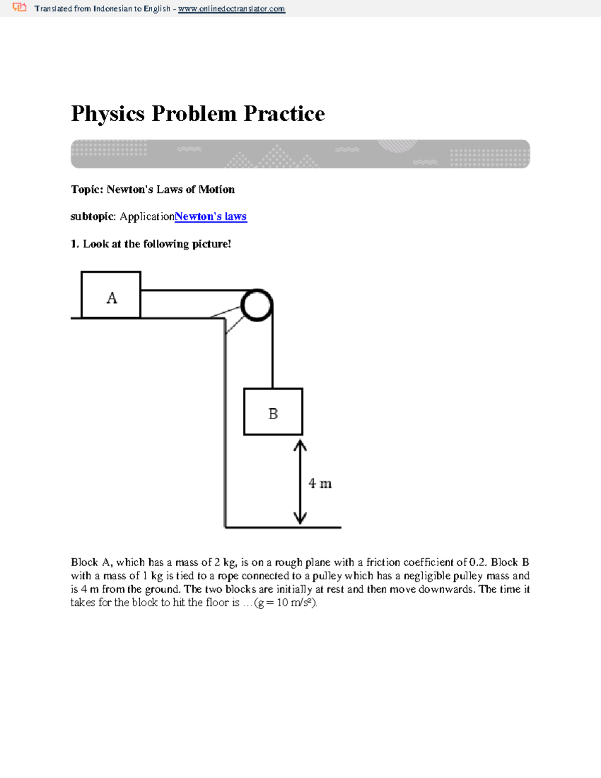 Newton's laws of motion exercise (physics)-1 - Physics Problem Practice ...