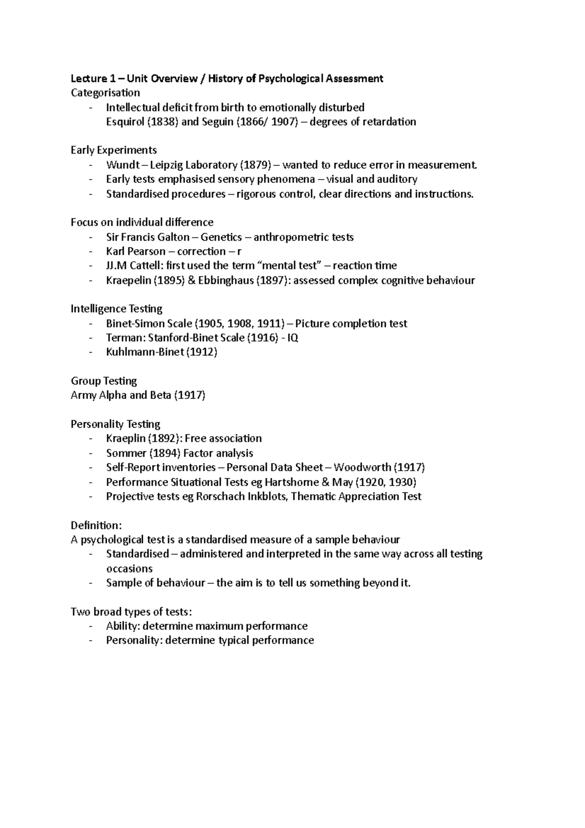 PSYU3332 UNIT Notes - Lecture 1 – Unit Overview / History of ...