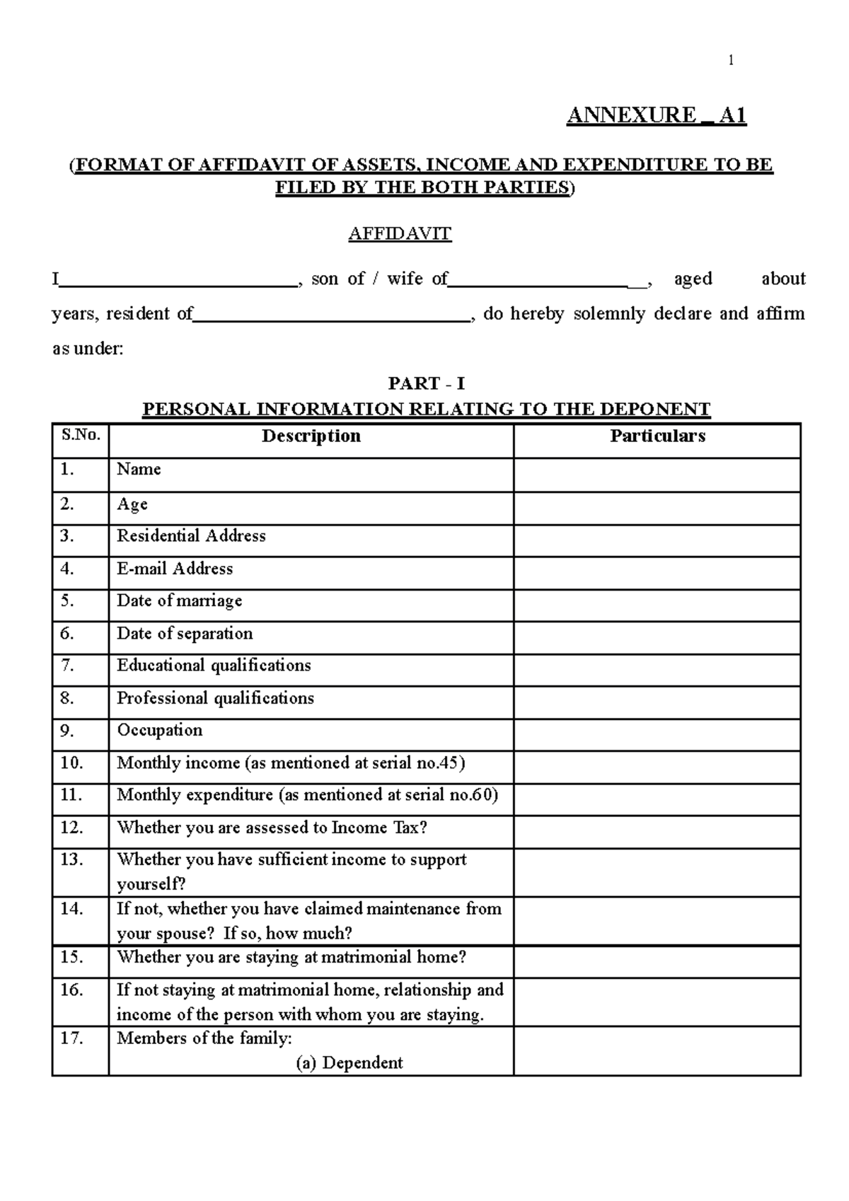 Annexure A1 - 1 ANNEXURE A (FORMAT OF AFFIDAVIT OF ASSETS, INCOME AND ...