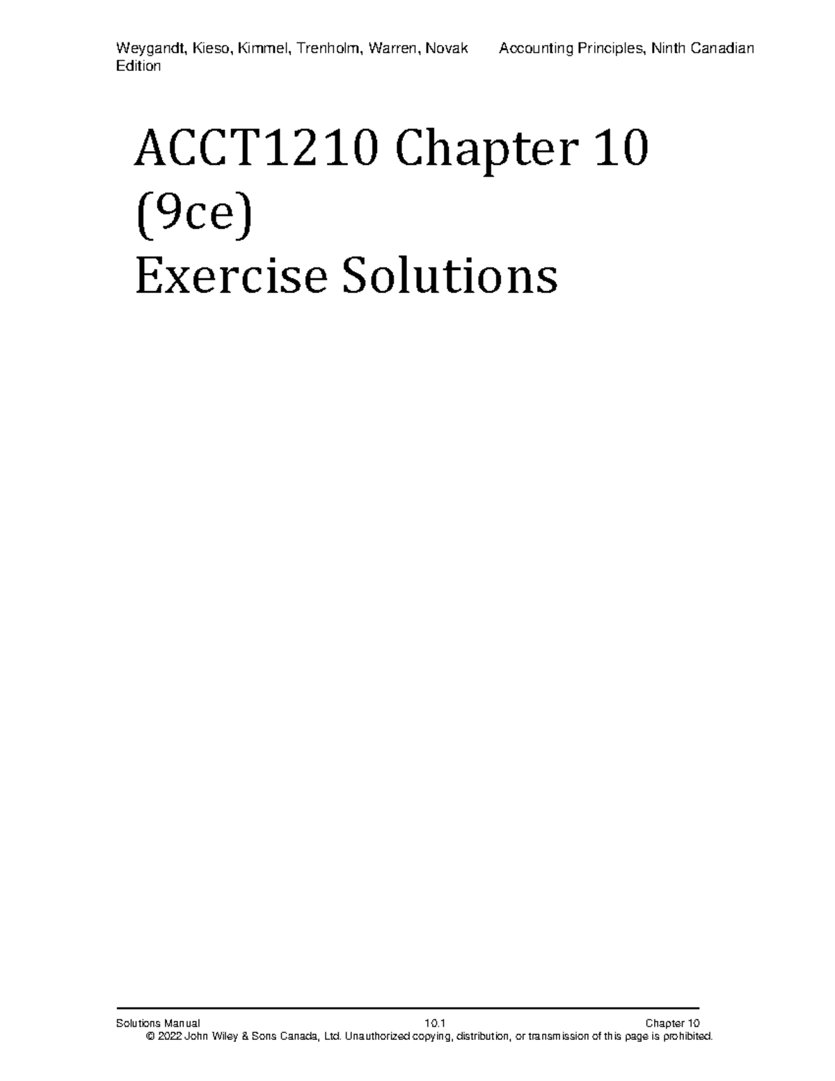 ACCT1210 Chapter 10 Exercise Solutions 9ce - Edition Solutions Manual ...