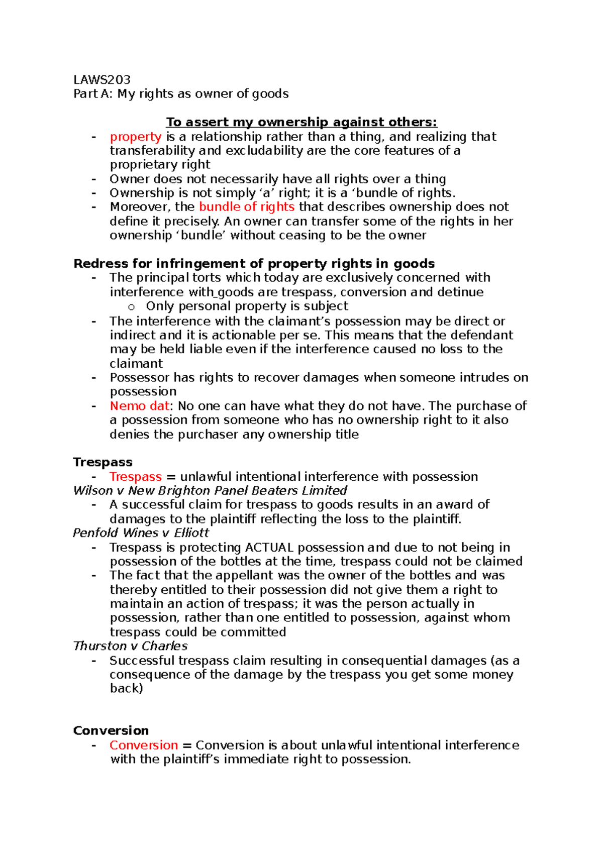 203 part a - laws203n goods summary - LAWS Part A: My rights as owner ...