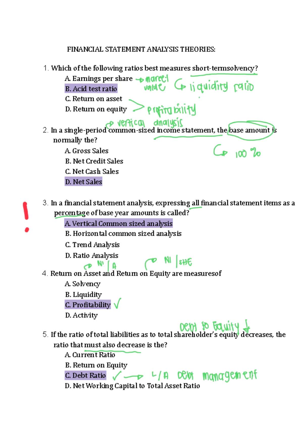 4. Financial Statement Analysis - Exercises with Answers - FINANCIAL STATEMENT ANALYSIS THEORIES ...