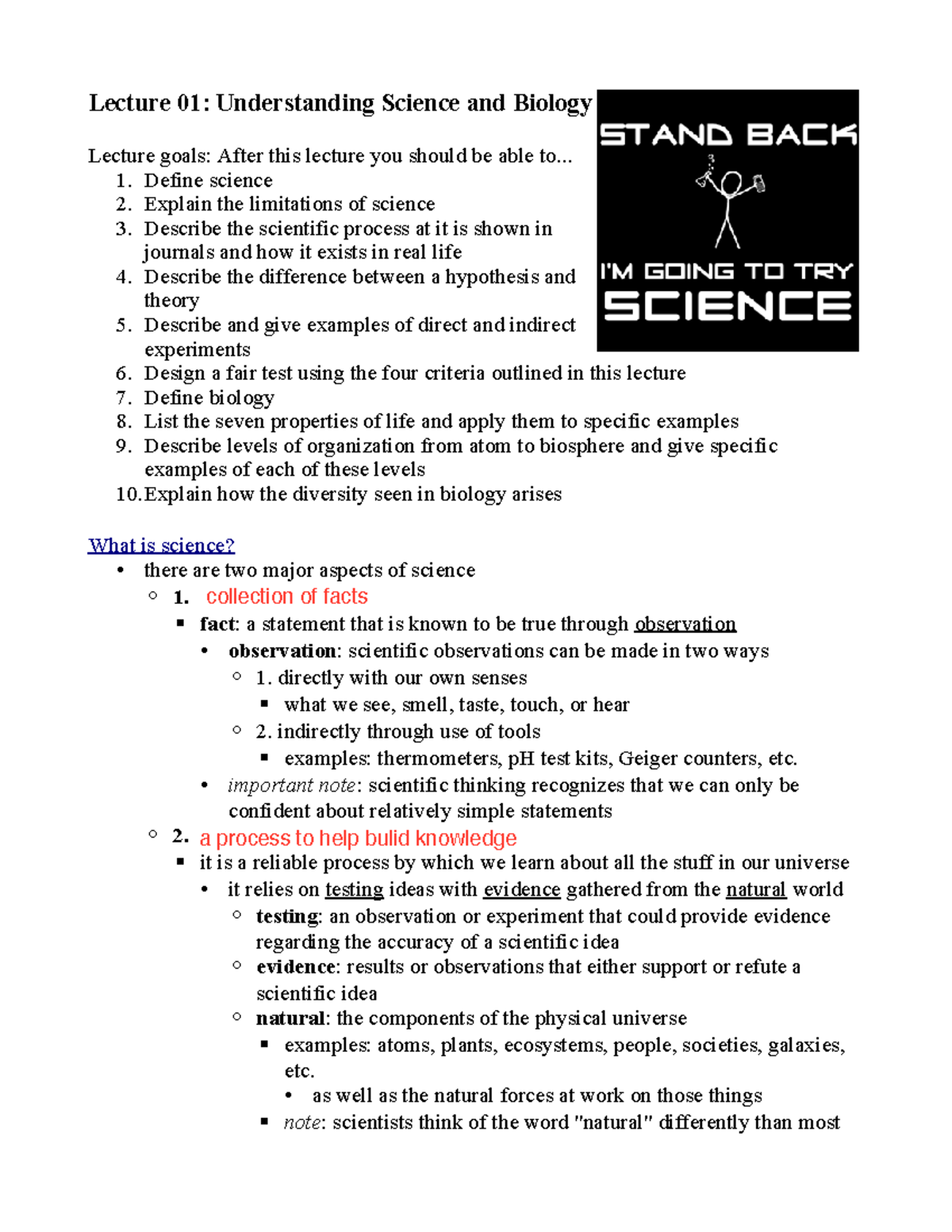 01 Understanding Science and Biology Handout - Lecture 01 ...