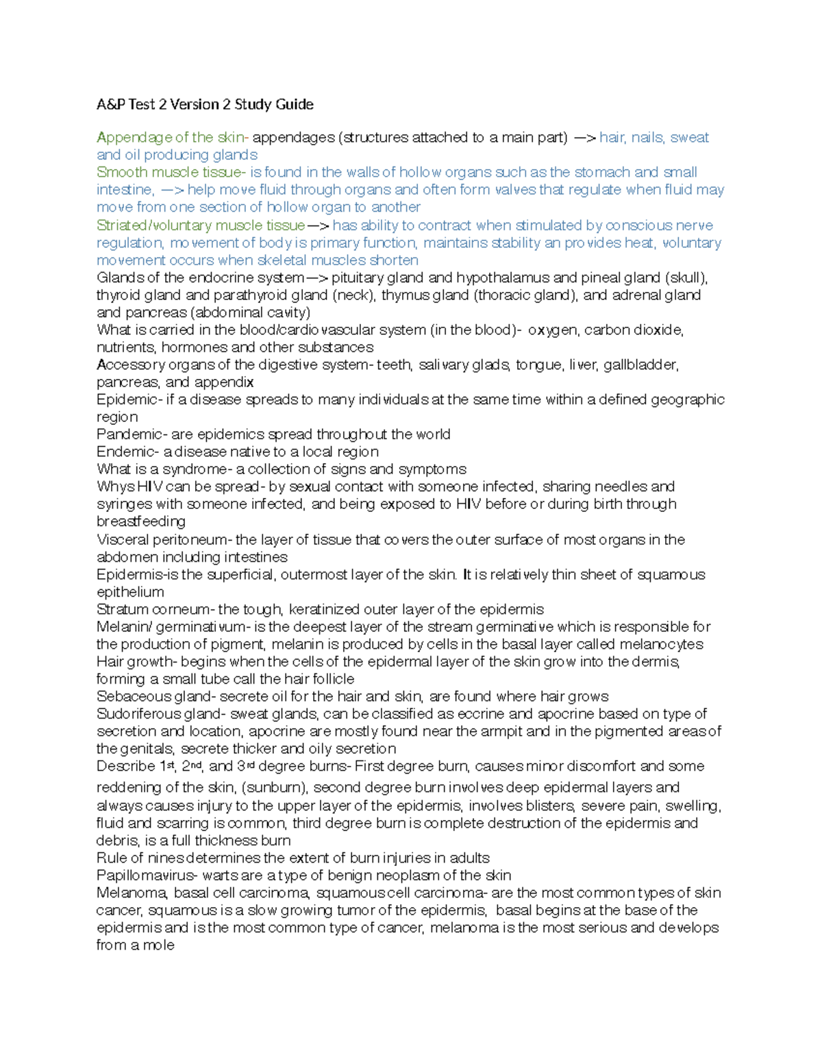 Anatomy and Physiology TEST 2 Version 2 Study Guide 2 - A&P Test 2 ...