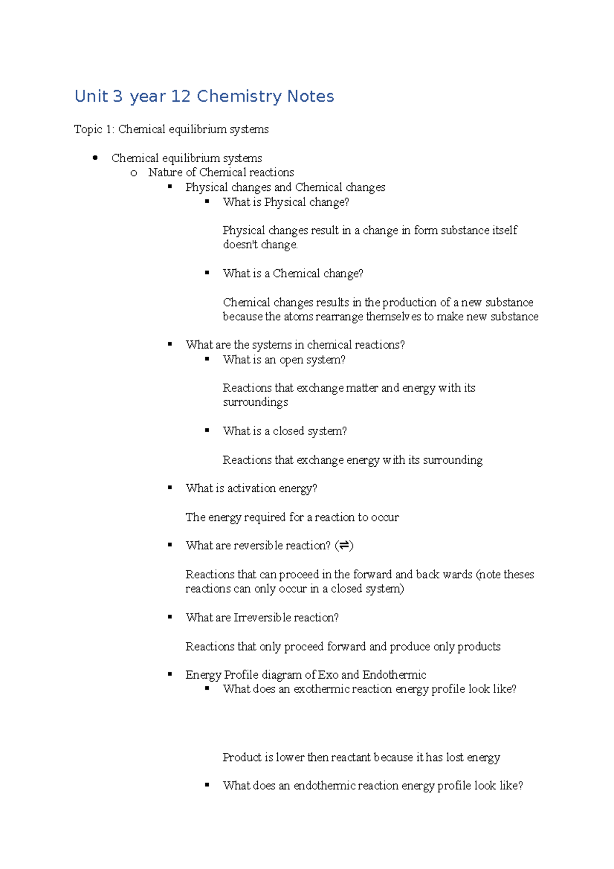 Unit 3 year 12 Chemistry Notes - Unit 3 year 12 Chemistry Notes Topic 1 ...