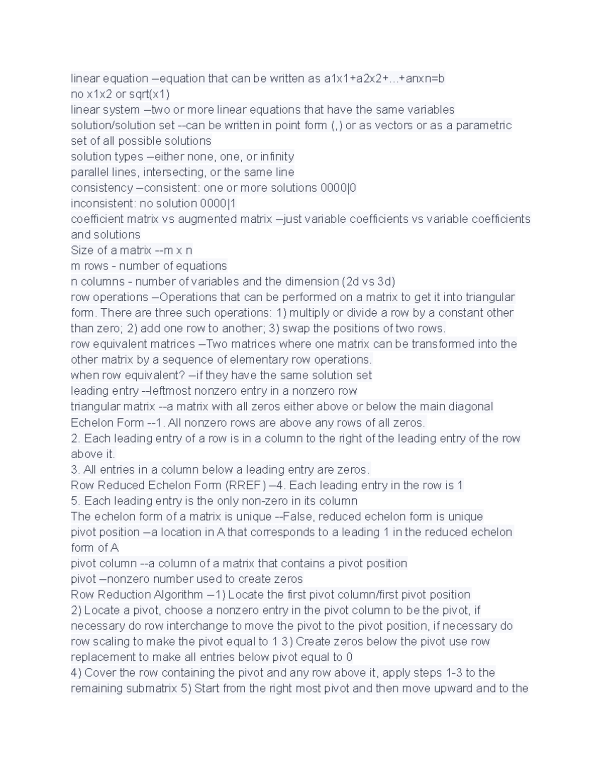 Math 4a study guide - Summary of chapters 1.1-1.9 for midterm - linear ...