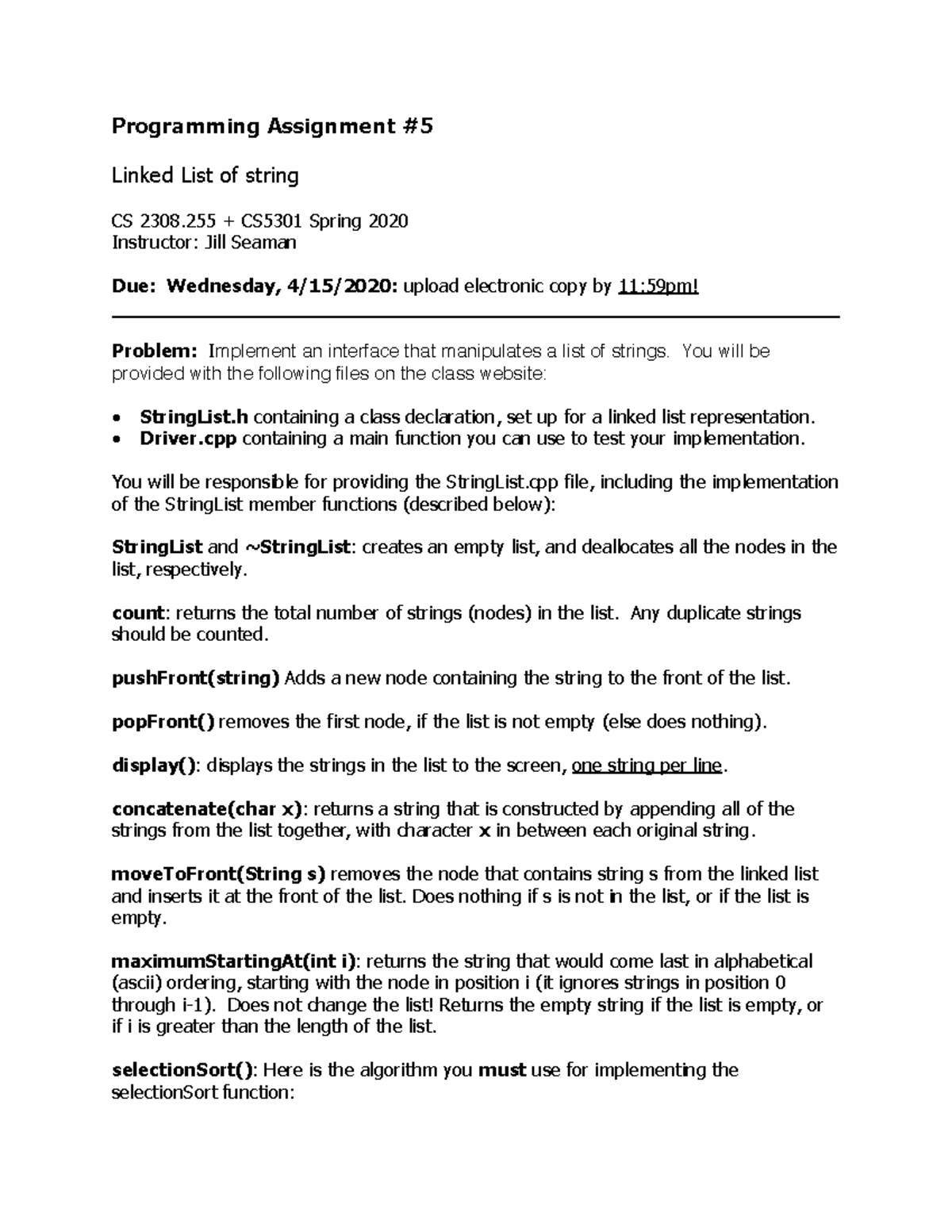 Assign 5 Programming Assignment Linked List Of String Cs 2308 