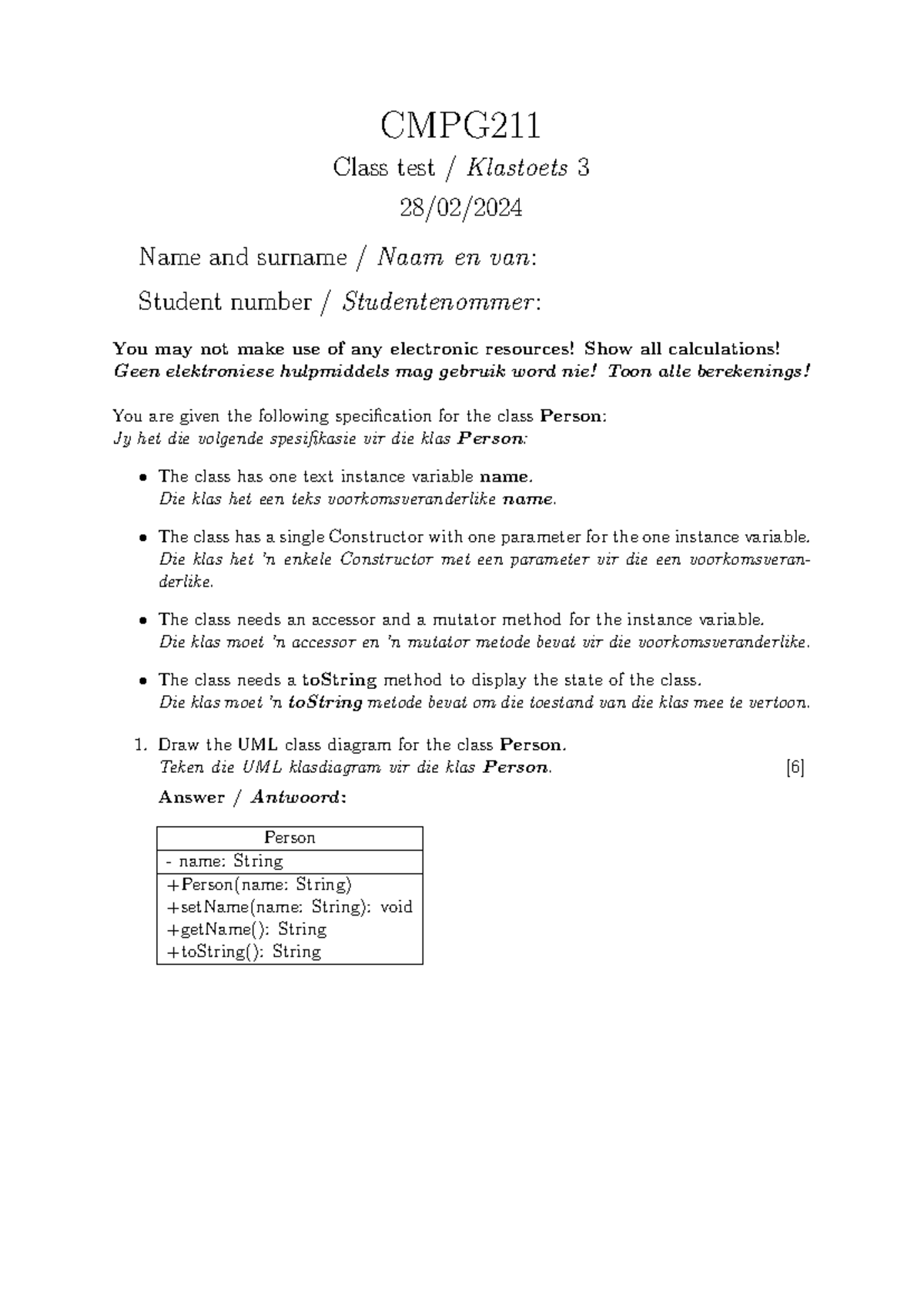 CMPG211 20240228 CT3 memo - CMPG Class test / Klastoets 3 28/02/ Name ...