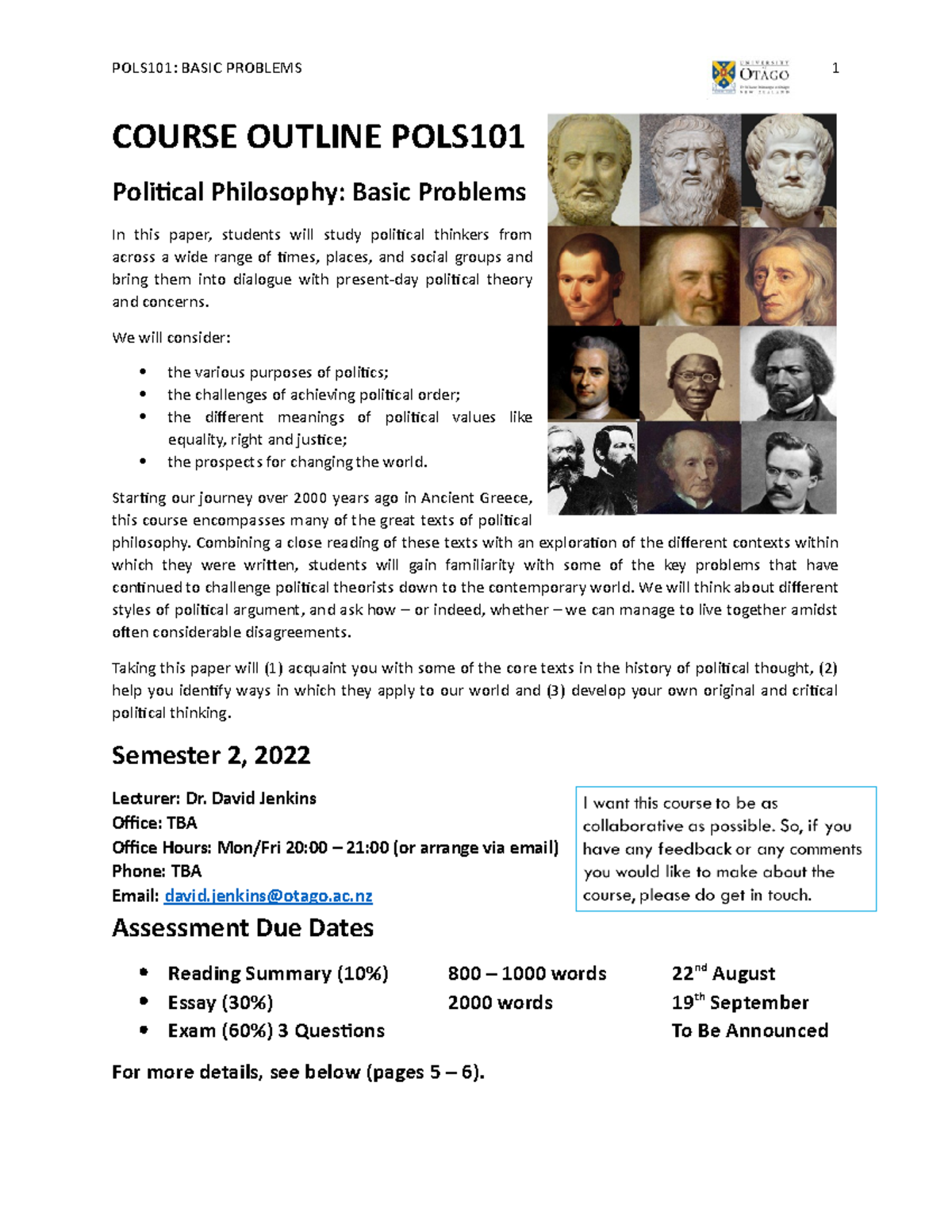 Course Outline POLS101 (Jenkins) Semester 2 2022 - COURSE OUTLINE POLS ...