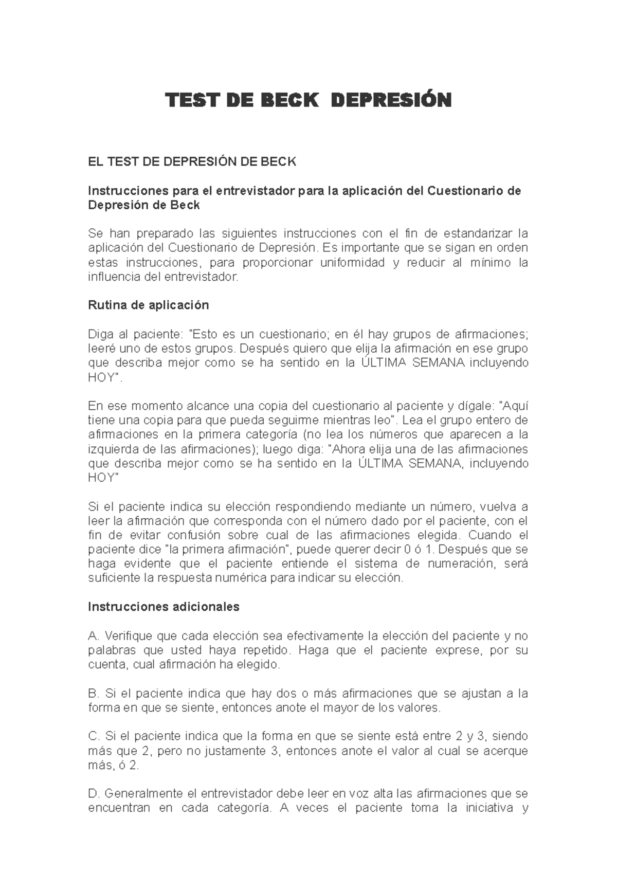 5. Instrucciones de aplicación - TEST DE BECK DEPRESIÓN EL TEST DE ...