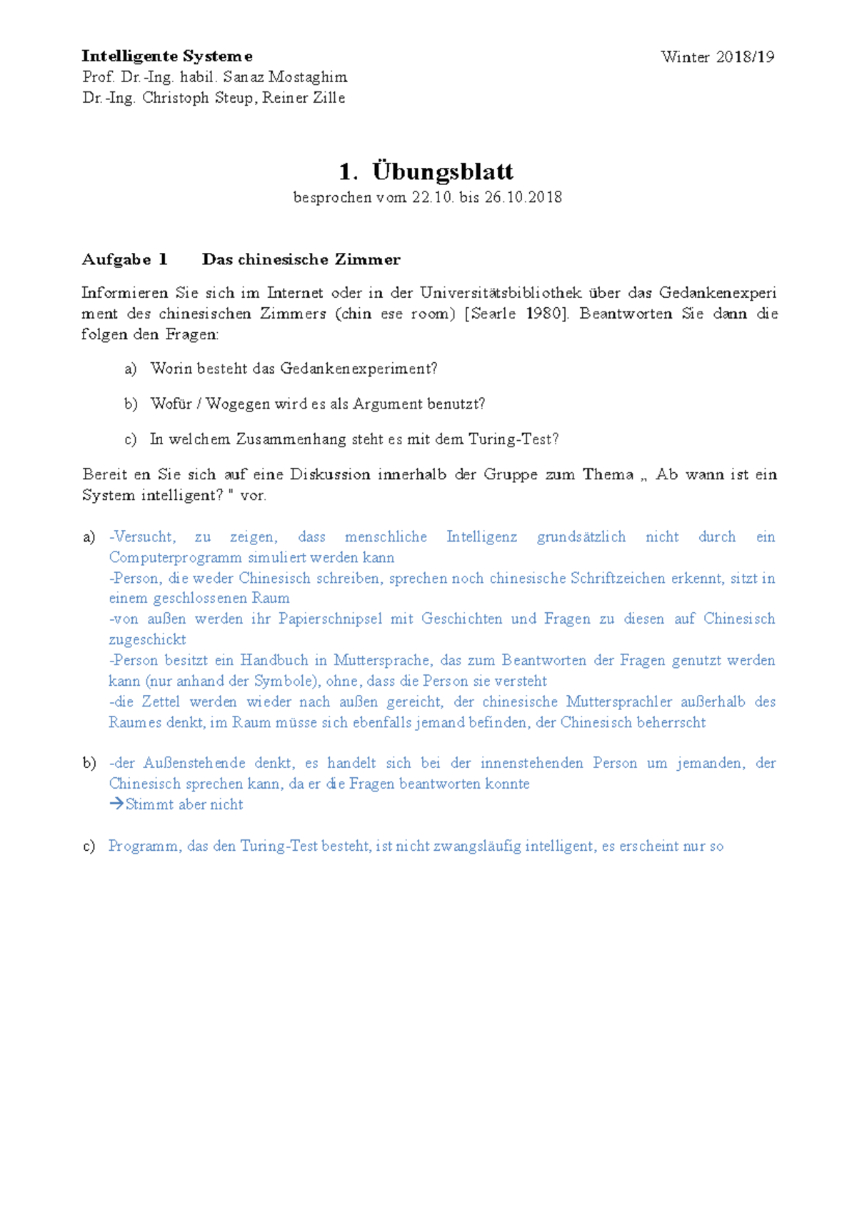 IS Blatt 01 Lösungen - Intelligente Systeme Prof. Dr.-Ing. habil. Sanaz ...