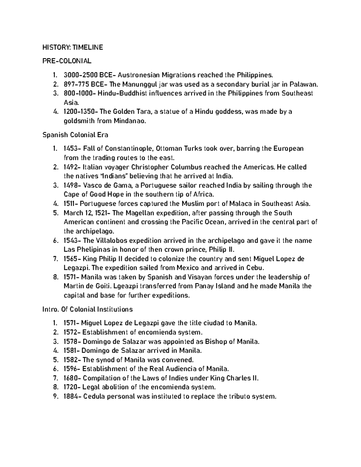 Timeline- History - HISTORY: TIMELINE PRE-COLONIAL 3000-2500 BCE ...