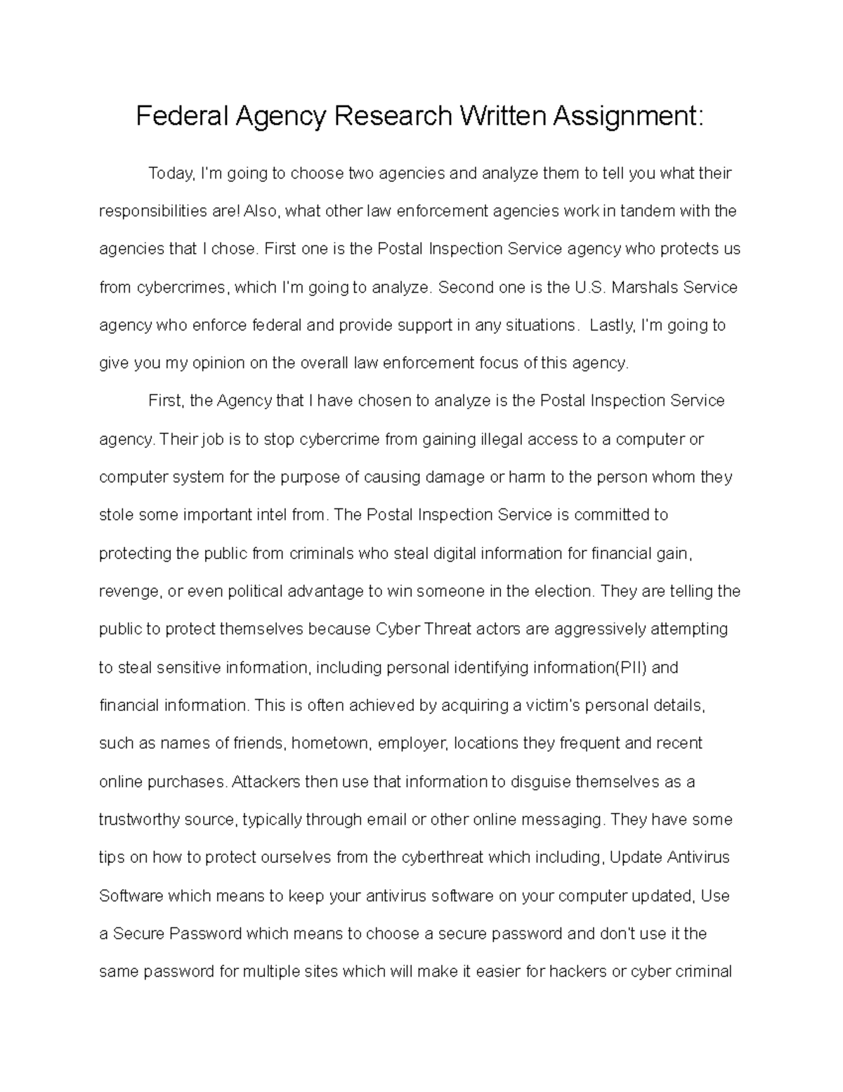 Federal Agency Research Written Assignment - First one is the Postal ...