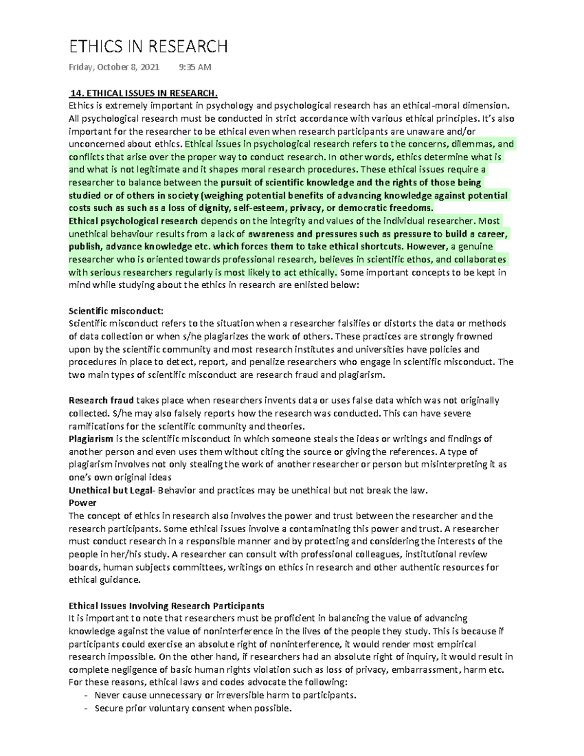 Detailed notes on Ethics in Psychological Research - ϭκ͘ d,/ > /^^h ...