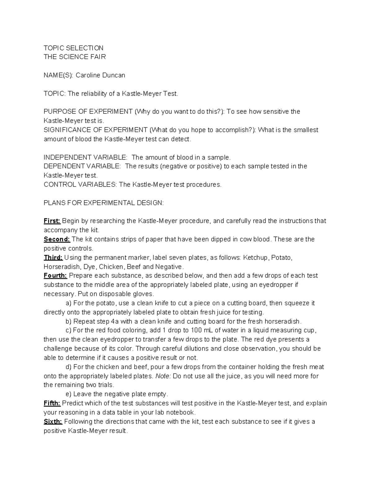 Topic selection science fair - TOPIC SELECTION THE SCIENCE FAIR NAME(S ...