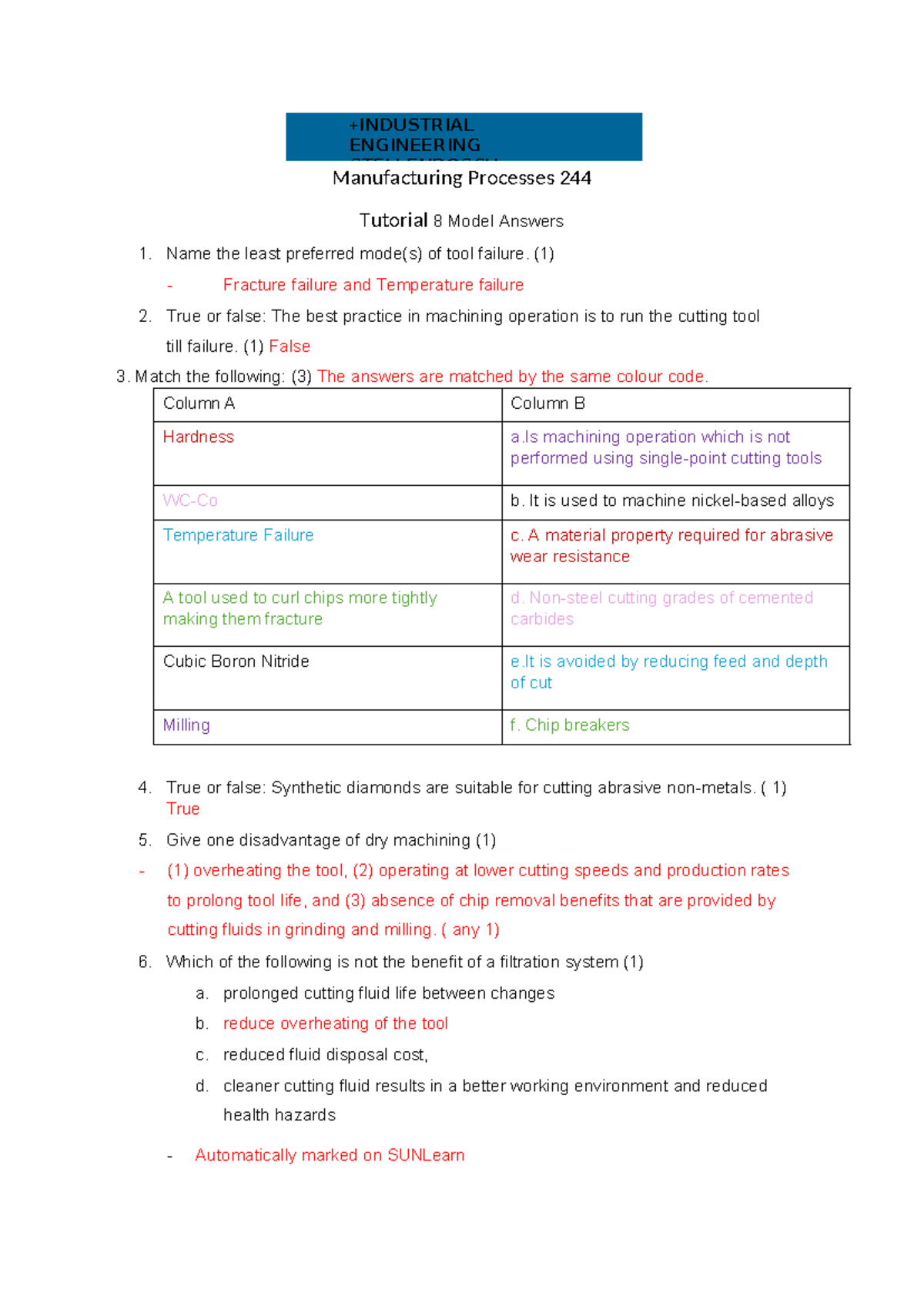Tut 8 Model Answers Updated Manufacturing Processes 244 Tutorial 8