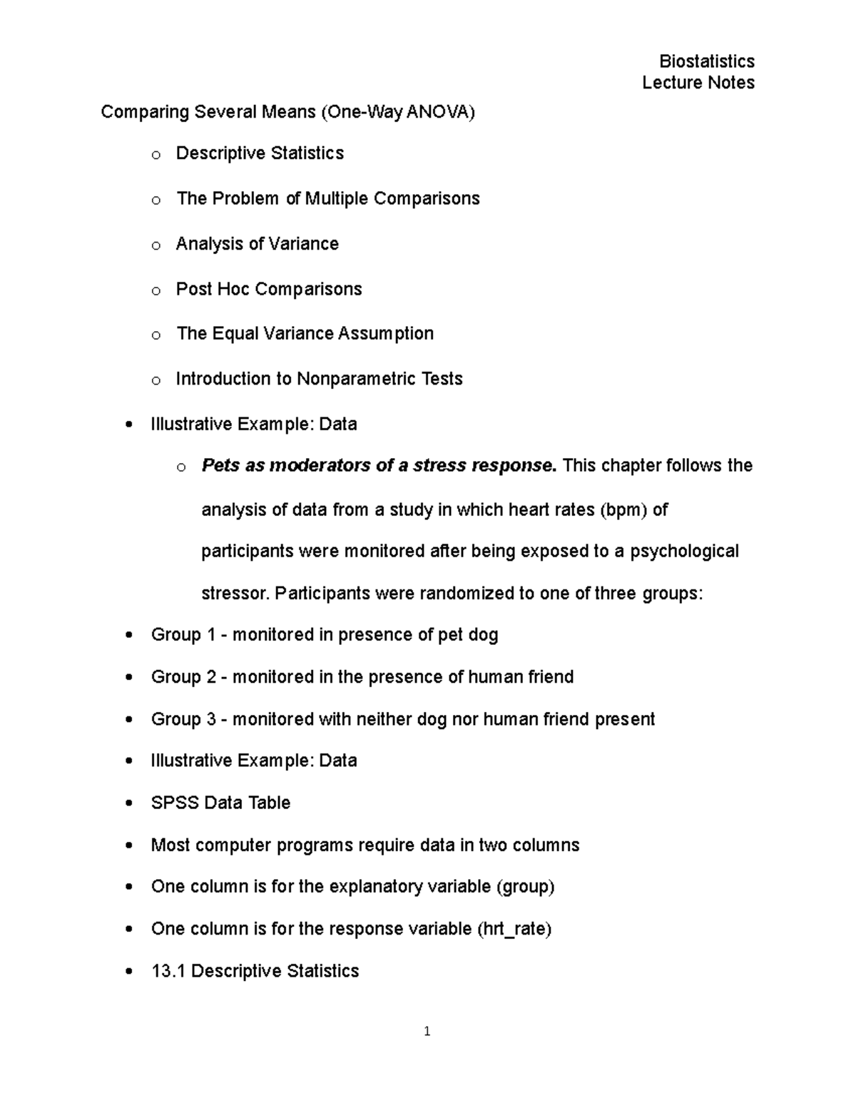 2021 Biostatistics Lecture Notes Comparing Several Means 13a Lecture Notes Comparing Several