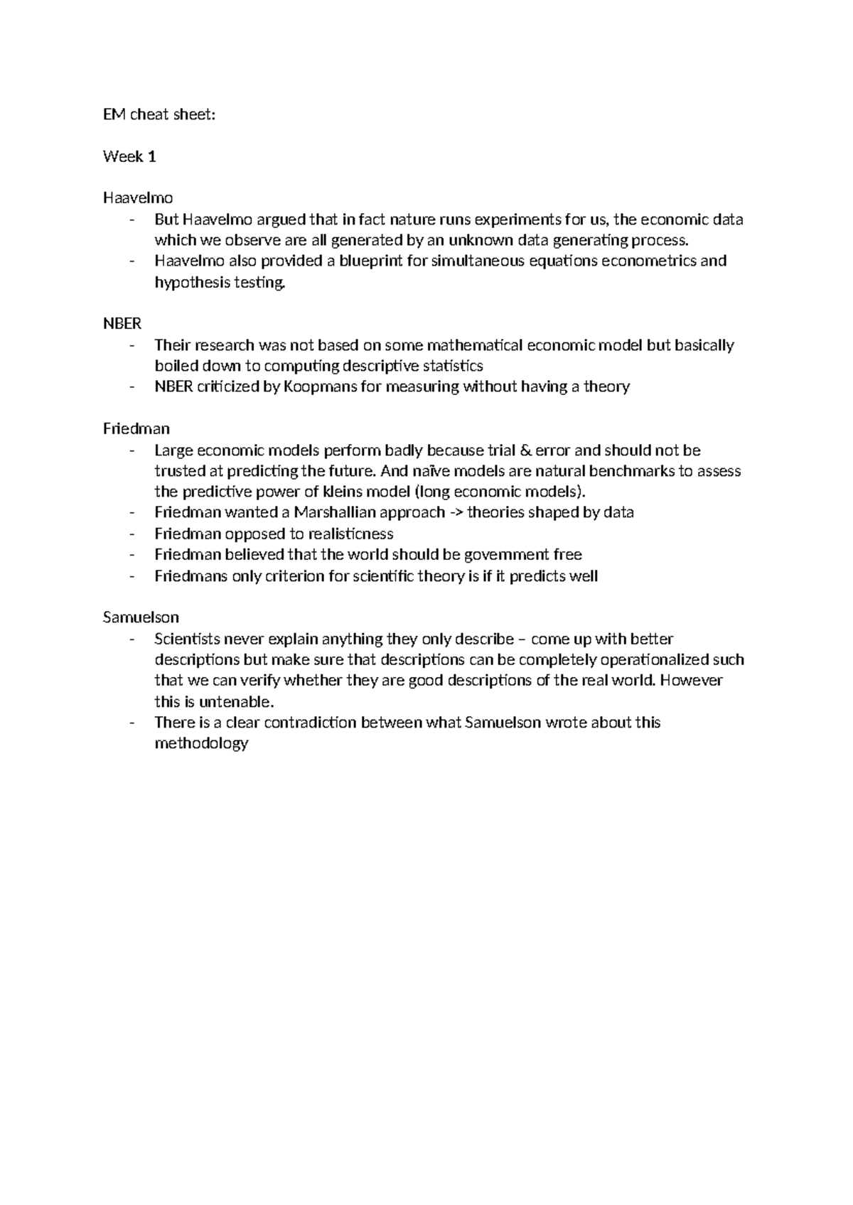 EM cheat sheet - EM cheat sheet: Week 1 Haavelmo - But Haavelmo argued ...