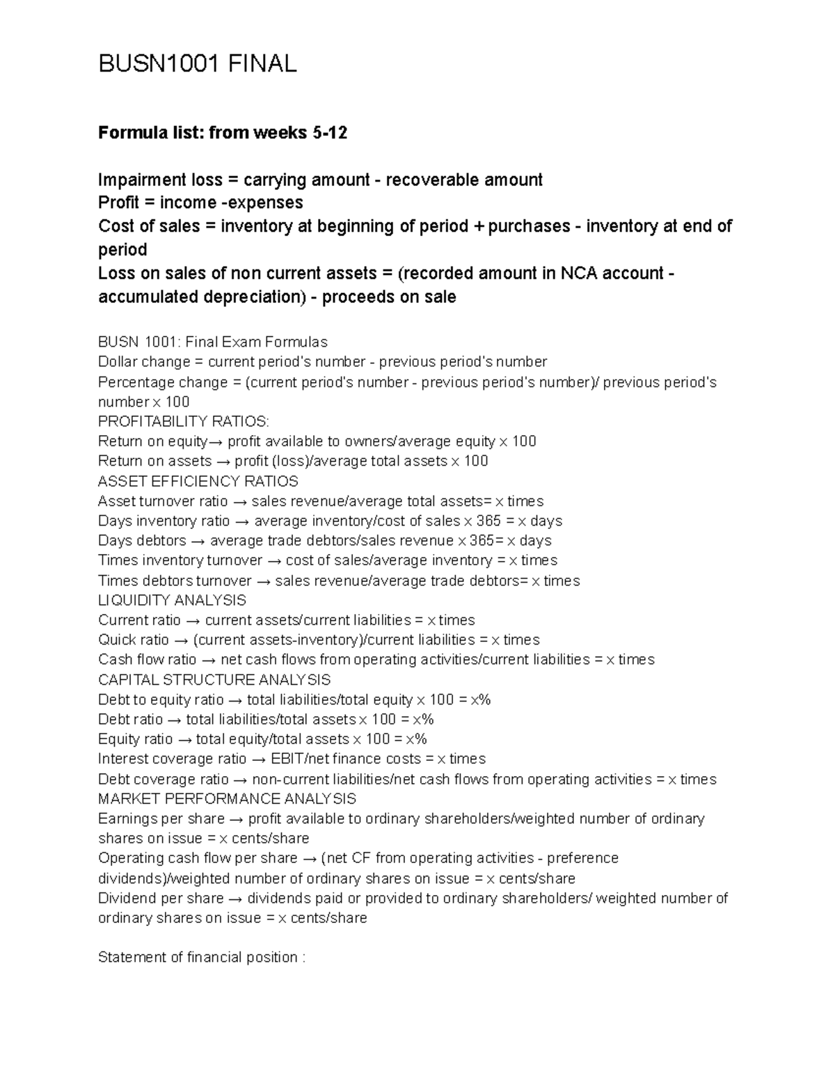 Business reporting and analysis Final Exam Formulas - BUSN1001 FINAL ...
