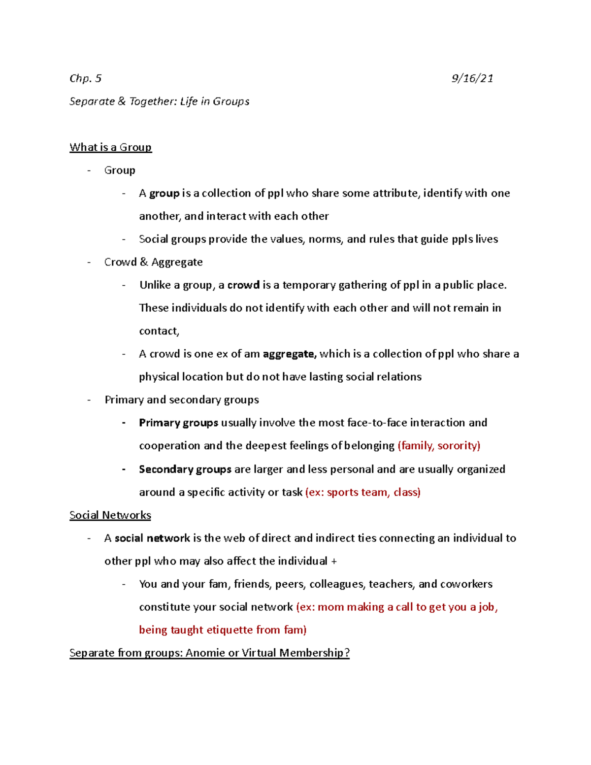 Sociology lecture 5 - detailed notes from class - Chp. 5 9/16/ Separate ...
