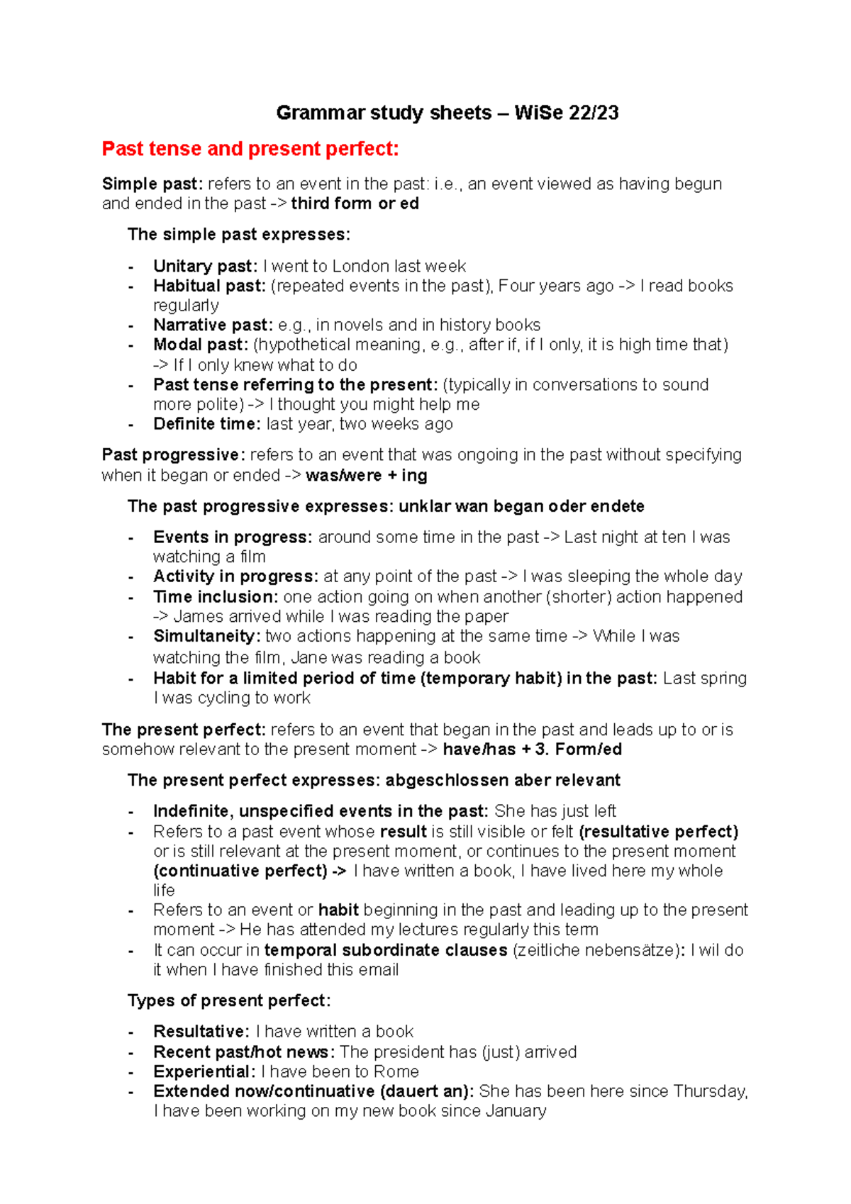 Grammar Lernzettel - .... - Grammar study sheets – WiSe 22/ Past tense ...