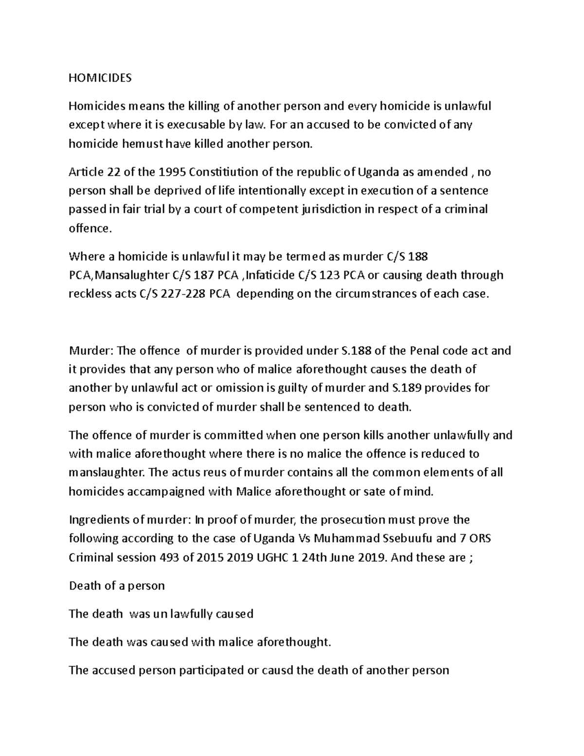 Criminal law - FOR GROUP WORK ABOUT HOMICIDES AND INGREDIENTS OF MURDER ...