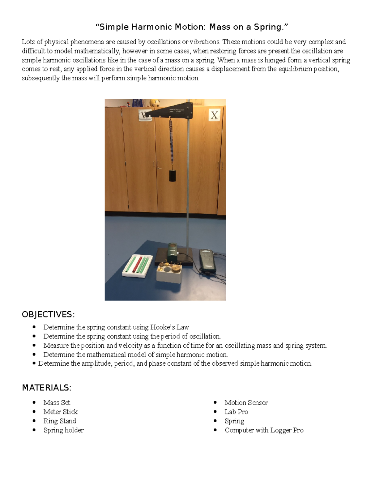 Lab 10 Mass on the spring revision - “Simple Harmonic Motion: Mass on a ...