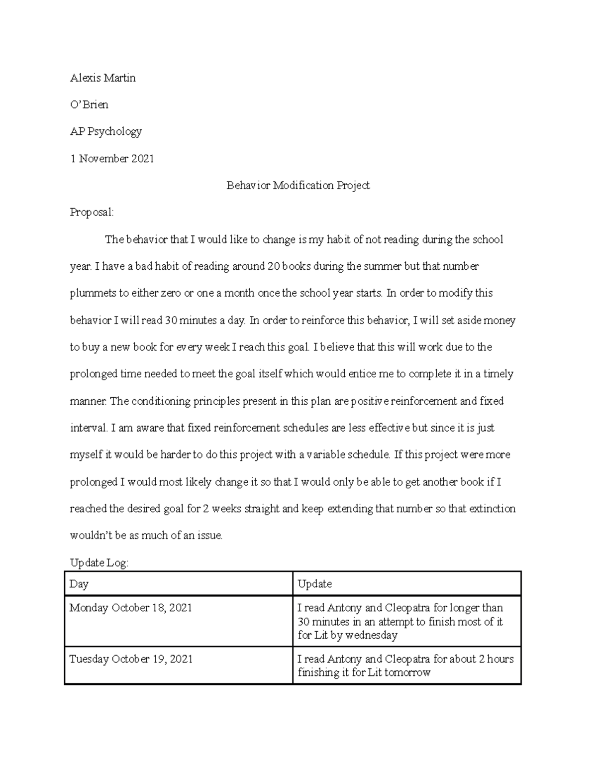 Behavior Modification Project - Alexis Martin O’Brien AP Psychology 1 ...
