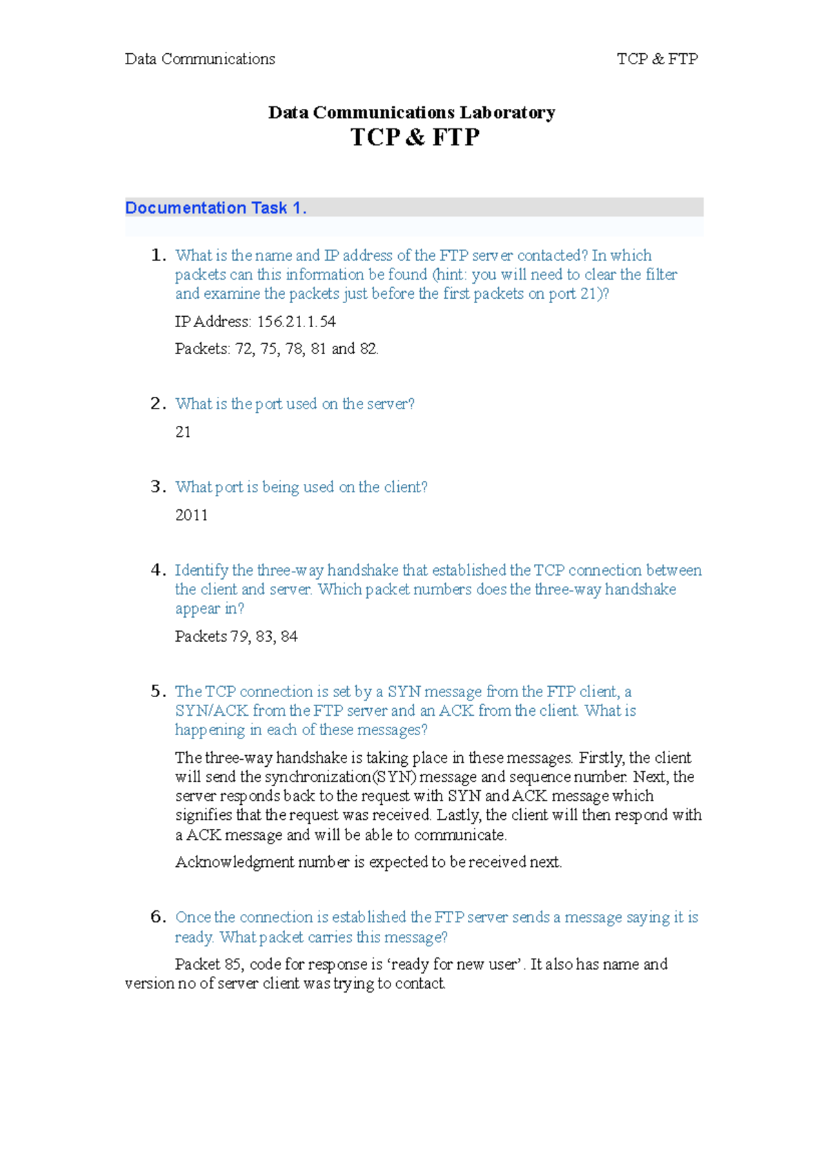 Practical Transport Layer P4 Data Communications Laboratory Tcp And Ftp Documentation Task