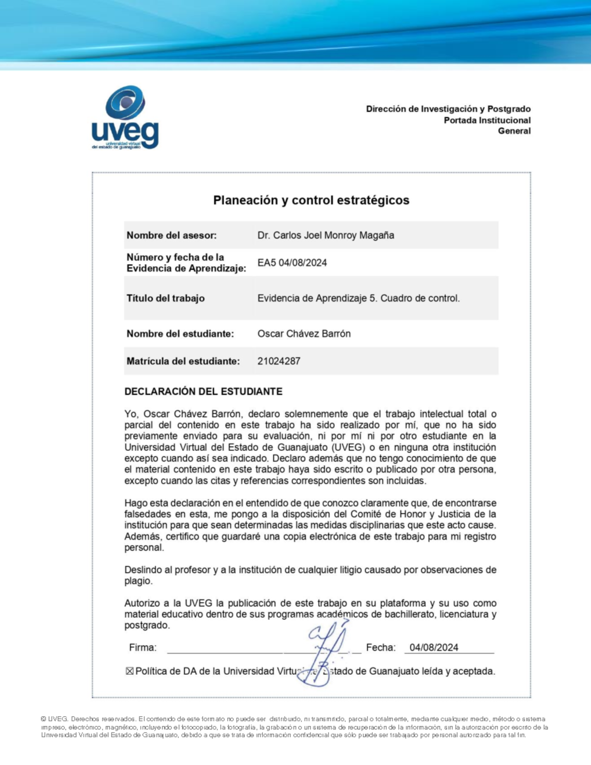 Chávez Oscar Py CE U2 EA5 - © UVEG. Derechos reservados. El contenido de este formato no puede ...