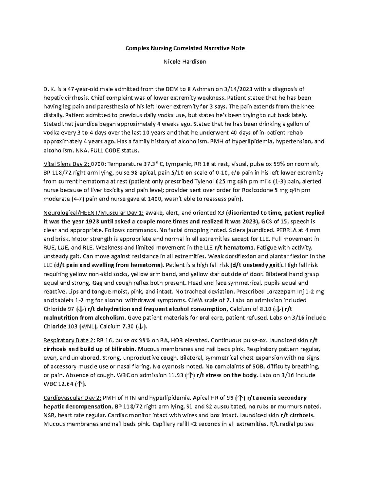Correlated Narrative Note Week 3 Complex - Complex Nursing Correlated ...
