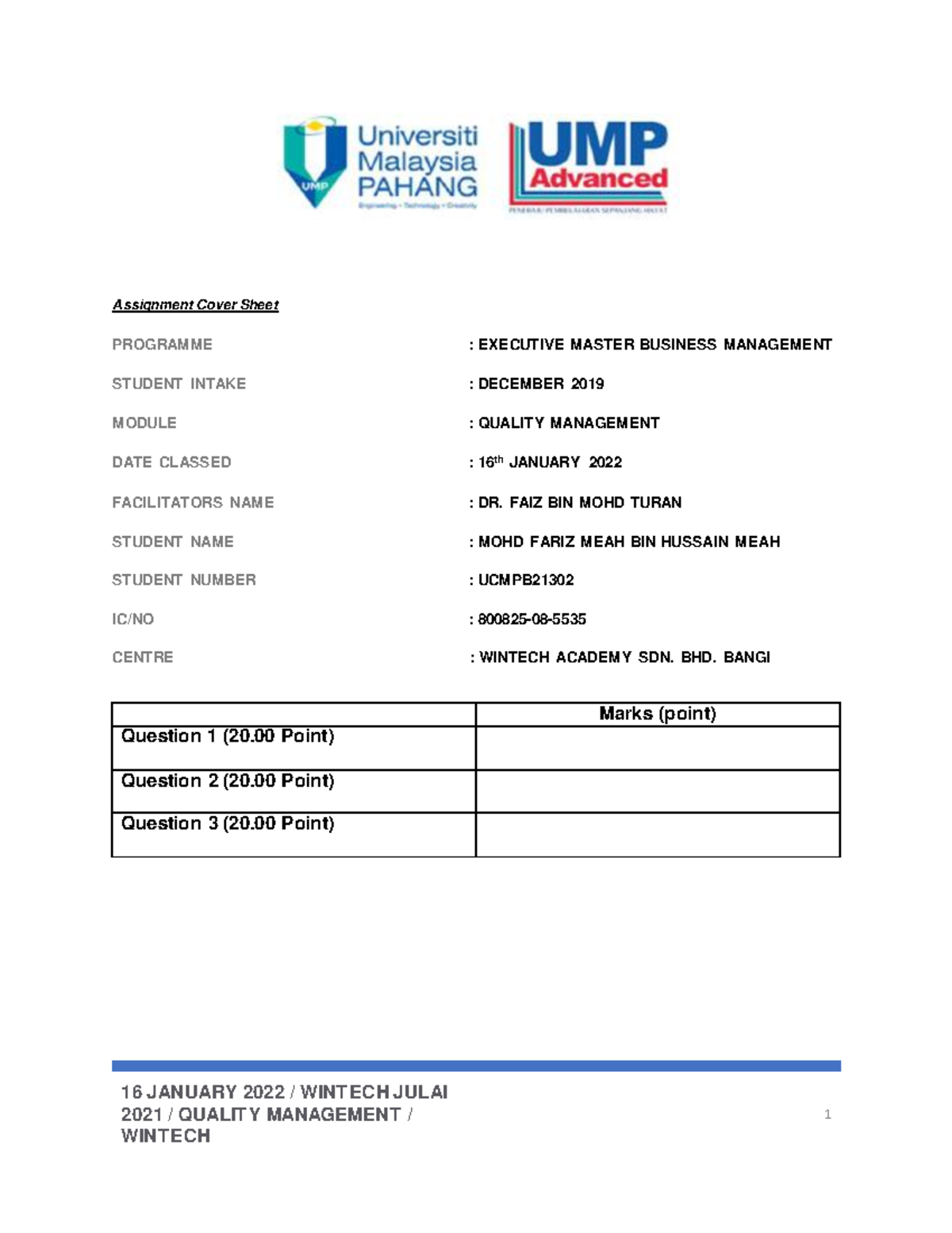 Assignment Quality Management 16012022 - 16 JANUARY 2022 / WINTECH ...