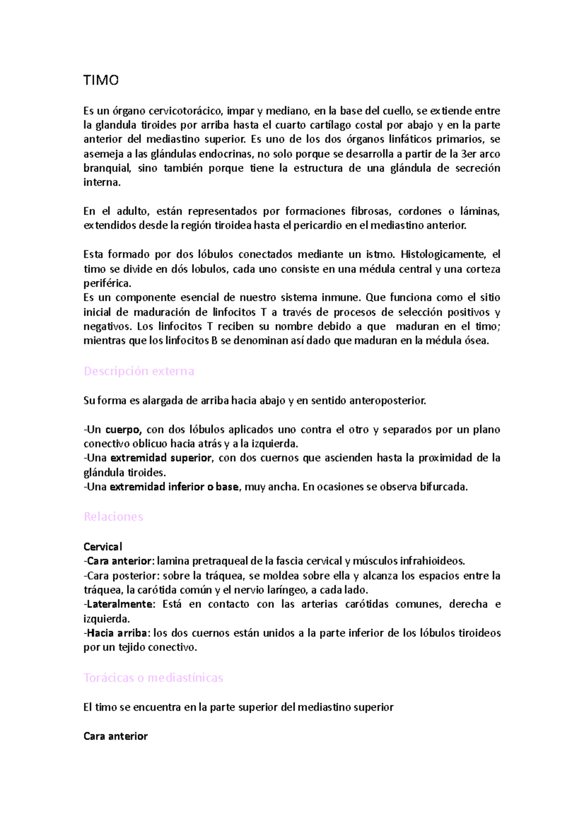 TIMO - Timo - TIMO Es un órgano cervicotorácico, impar y mediano, en la ...