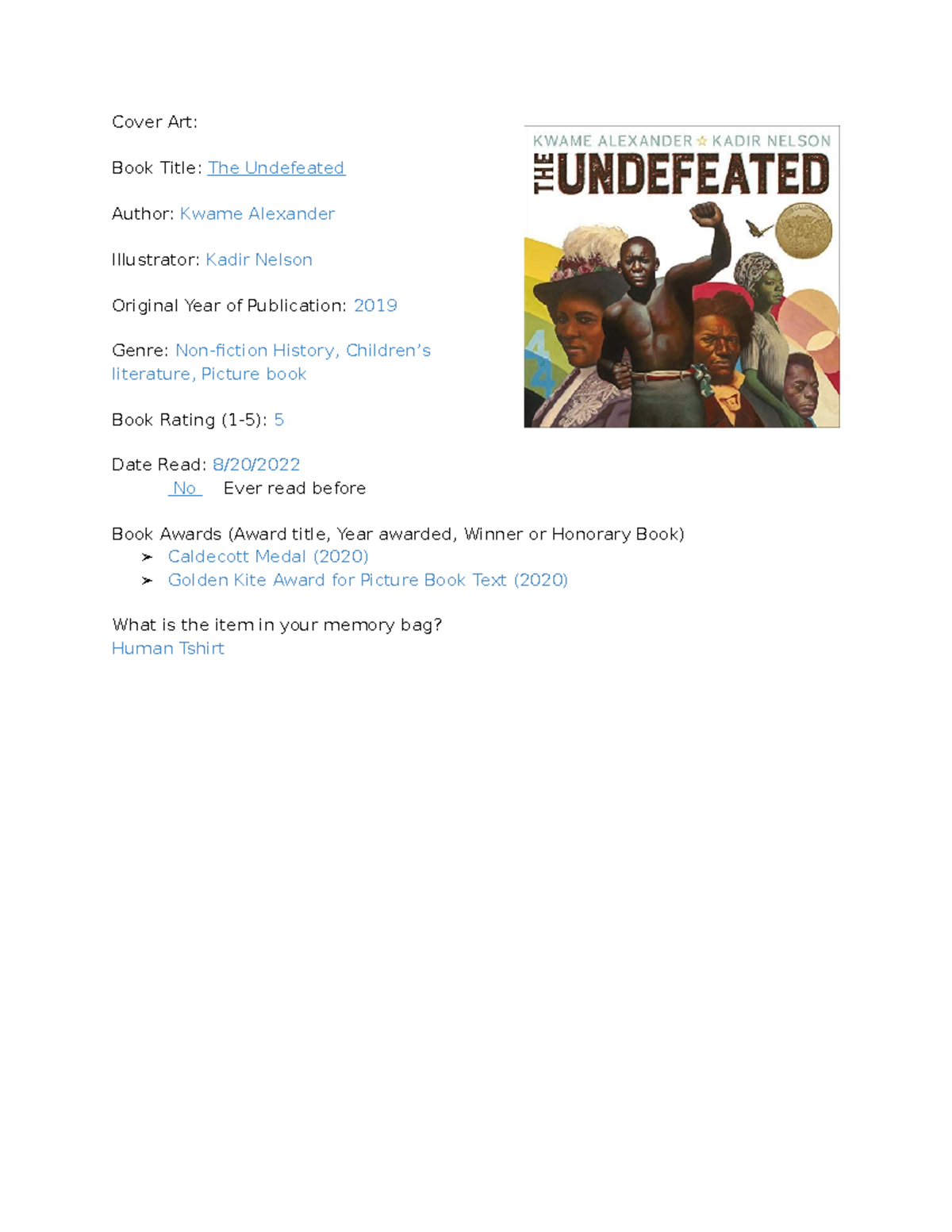 The Undefeated memory bag activity form - Cover Art: Book Title: The ...