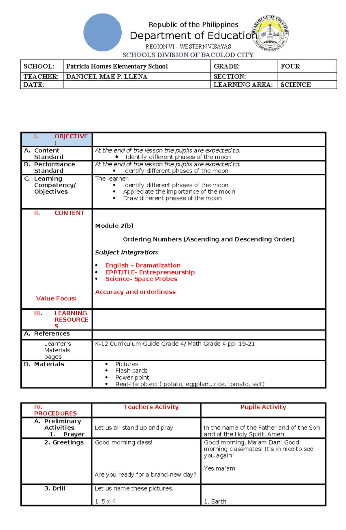 MATH 4. Lesson PLAN - Republic of the Philippines Department of ...